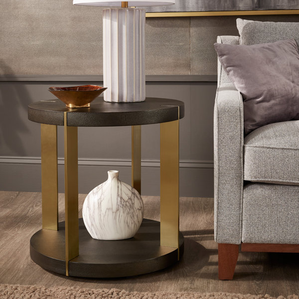 Mercer41 Sula Gold Finish Metal Dark Brown Faux Shagreen Round Table - Dark Brown, End Table ...